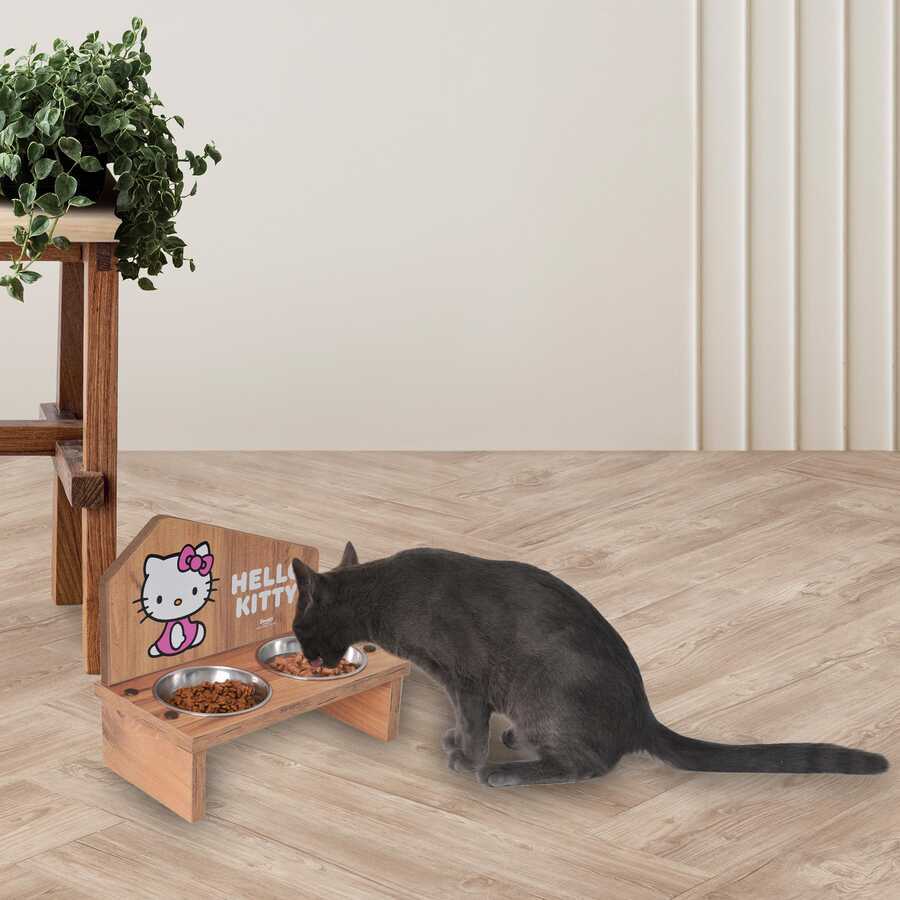 Hello Kitty Ahşap Mama Standı İkili Kedi Mama ve Su Kabları, Kedi ...